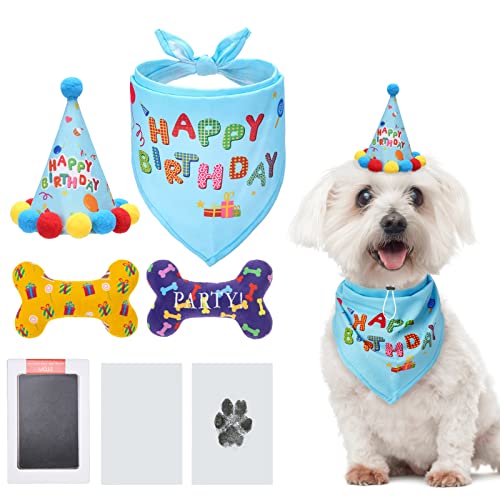 PAWCHIE Dog Birthday Party Supplies - Dog Birthday Bandana, Squeaky Toy, Party Hat and Dog Paw Ink Pad Set, Perfect Pet Birthday Party