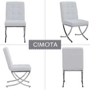 CIMOTA Modern White Dining Chairs Set of 6 Upholstered Tufted Leather Dining Room Chairs Kitchen Chairs Comfy Armless Side Chairs with Chrome Metal X Legs for Dining Room/Living Room, PU White/6PCS