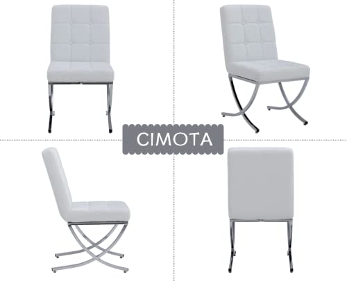 CIMOTA Modern White Dining Chairs Set of 6 Upholstered Tufted Leather Dining Room Chairs Kitchen Chairs Comfy Armless Side Chairs with Chrome Metal X Legs for Dining Room/Living Room, PU White/6PCS