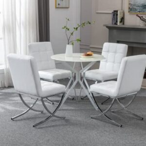 CIMOTA Modern White Dining Chairs Set of 6 Upholstered Tufted Leather Dining Room Chairs Kitchen Chairs Comfy Armless Side Chairs with Chrome Metal X Legs for Dining Room/Living Room, PU White/6PCS