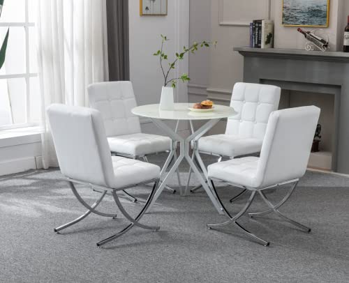 CIMOTA Modern White Dining Chairs Set of 6 Upholstered Tufted Leather Dining Room Chairs Kitchen Chairs Comfy Armless Side Chairs with Chrome Metal X Legs for Dining Room/Living Room, PU White/6PCS