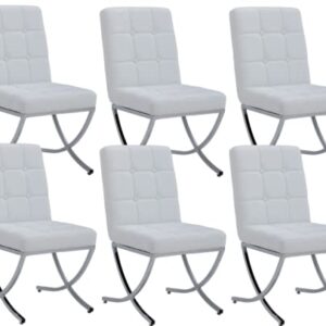 CIMOTA Modern White Dining Chairs Set of 6 Upholstered Tufted Leather Dining Room Chairs Kitchen Chairs Comfy Armless Side Chairs with Chrome Metal X Legs for Dining Room/Living Room, PU White/6PCS