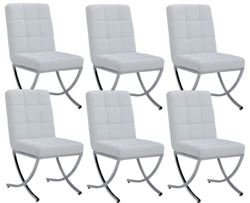 CIMOTA Modern White Dining Chairs Set of 6 Upholstered Tufted Leather Dining Room Chairs Kitchen Chairs Comfy Armless Side Chairs with Chrome Metal X Legs for Dining Room/Living Room, PU White/6PCS