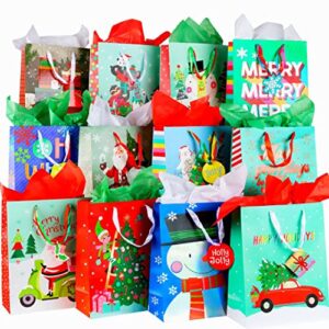 bulk christmas gift bags large -12 cute and fun designs- large christmas bags for gifts with christmas tissue paper gift wrap set-holiday gift bags -large xmas gift bags-12.75"x10.25"x4.5" inches