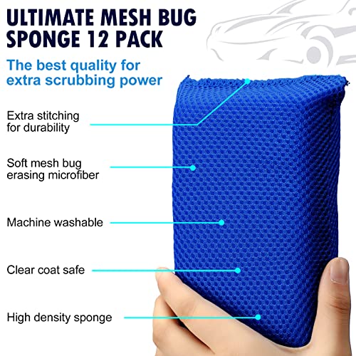 12 Pcs Car Sponges for Washing Car Wash Sponges Non Scratch Soft Mesh Microfiber Bug Sponge for Truck, SUV, RV, Boat, Motorcycle, Kitchen, Yellow, Green, Blue and Light Blue