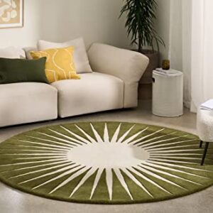 Moss Green Round Boho Sun Area Rug 3ft Washable Soft Thick Rug for Living Room Bedroom Wool Shaggy Circle Carpet Under Dining Room Table Non-Slip Circular Indoor Floor Mat