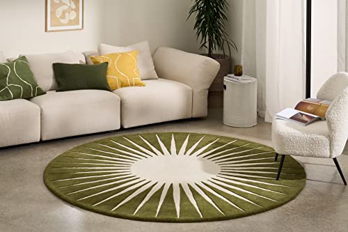 Moss Green Round Boho Sun Area Rug 3ft Washable Soft Thick Rug for Living Room Bedroom Wool Shaggy Circle Carpet Under Dining Room Table Non-Slip Circular Indoor Floor Mat