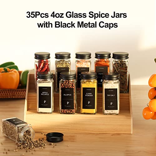 CUCUMI 35pcs Spice Jars with Labels, Glass Spice Bottles with Black Metal Caps, 4oz Spice Containers with Shaker Lids, Funnel, Chalk Pen,Test Tube Brush, Seasoning Storage for Spice Rack, Cabinet