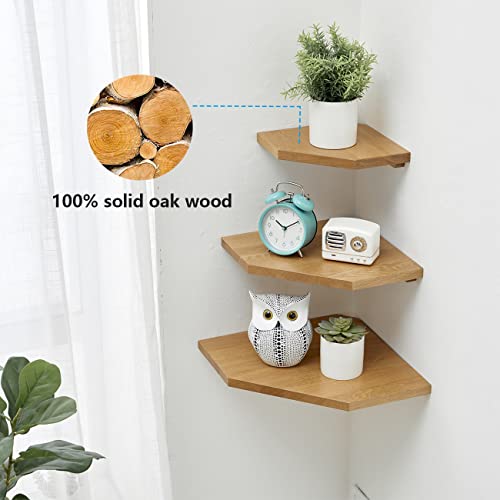 Corner Shelf Floating, Solid Oak Wood Corner Wall Shelf with Wire Hole for Cable, Small Plant Hanging Display Corner Shelf Wall Mount for Bedroom Living Room Kitchen