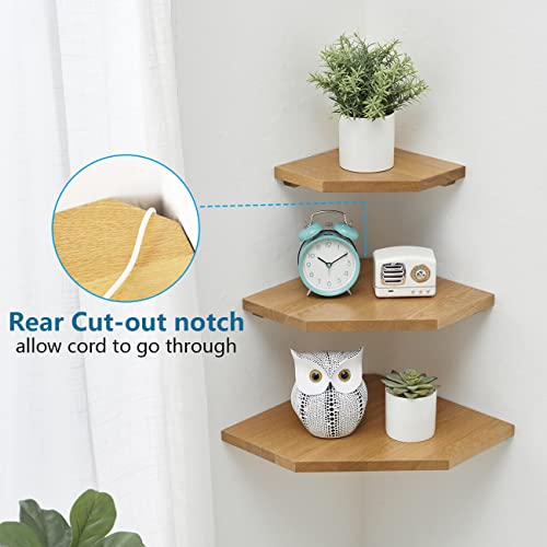 Corner Shelf Floating, Solid Oak Wood Corner Wall Shelf with Wire Hole for Cable, Small Plant Hanging Display Corner Shelf Wall Mount for Bedroom Living Room Kitchen