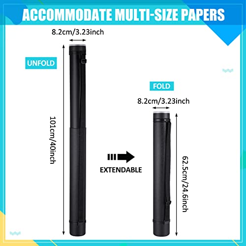 Henoyso 6 Pcs Black Poster Tube Bulk Extendable Blueprint Holder Expand from 24.5 to 40 Inch Portable Folder Organizer with Shoulder Straps and Lids for Maps, Documents, Drawings, Artworks, Scrolls