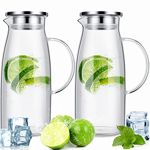 2 Pcs 60 oz Glass Pitcher Water Pitcher with Lid and Handle Carafes and Pitchers Iced Tea Pitcher Hot Cold Water Heat Resistant Borosilicate Glass Jug for Juice Water Iced Tea