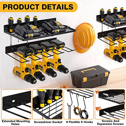 Power Tool Organizer Wall Mount 4 Pack,Heavy Duty Floating Tool Shelf,Power Tool Holder Wall Mount,Metal Garage Storage Shelves,8 Drill Holder Hanging Slots (16)