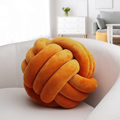 KOGITI Soft Knot Ball Pillows,Round Throw Pillow Cushion Home Decoration,Knotted Pillow Handmade Round Plush Pillow (13.8 Inch, Yellow Orange)