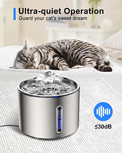 DiroPet Cat Water Fountain Stainless Steel, 84Oz/2.5L Automatic Pet Water Fountain for Cats Inside, Blue Red Water Level Window Cat Fountain,Fountain FilterX2, Pump FilterX2,PlugX1