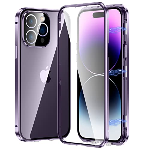 KumWum Magnetic Case for iPhone 14 Pro Max Front and Back Protection Ultra-Thin Tempered Glass Screen Protector Metal Bumper Double Sided Buckle Clear Cover with Camera Lens Protector - Purple