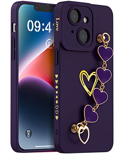 AICase iPhone 14 Plus Case for Women with Full Camera Lens Protection and Hand Strip Loop, Silicone Heart Girly Cute Side Soft Slim Shockproof Protective Cover for iPhone 14 Plus 6.7 inch_Purple