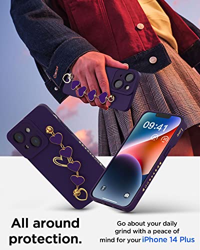 AICase iPhone 14 Plus Case for Women with Full Camera Lens Protection and Hand Strip Loop, Silicone Heart Girly Cute Side Soft Slim Shockproof Protective Cover for iPhone 14 Plus 6.7 inch_Purple