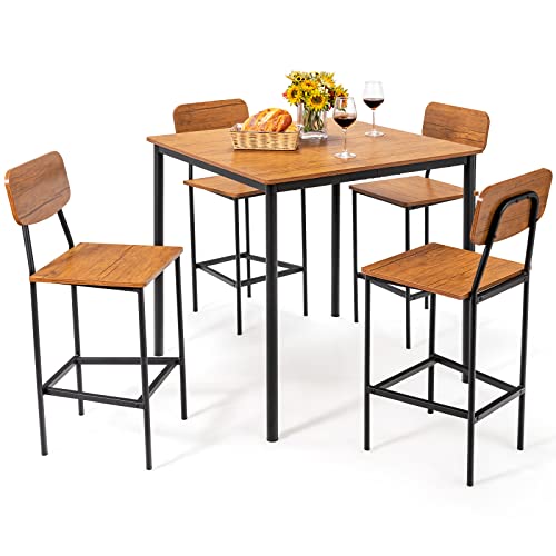 GOFLAME 5-Piece Dining Table Set for Small Space, Kitchen Table and Chairs Set for 4 with Steel Frame, Square Breakfast Table Set, Industrial Counter Height Table Set for Home, Restaurant & Cafe