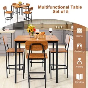 GOFLAME 5-Piece Dining Table Set for Small Space, Kitchen Table and Chairs Set for 4 with Steel Frame, Square Breakfast Table Set, Industrial Counter Height Table Set for Home, Restaurant & Cafe