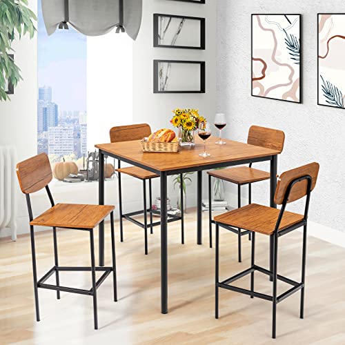 GOFLAME 5-Piece Dining Table Set for Small Space, Kitchen Table and Chairs Set for 4 with Steel Frame, Square Breakfast Table Set, Industrial Counter Height Table Set for Home, Restaurant & Cafe