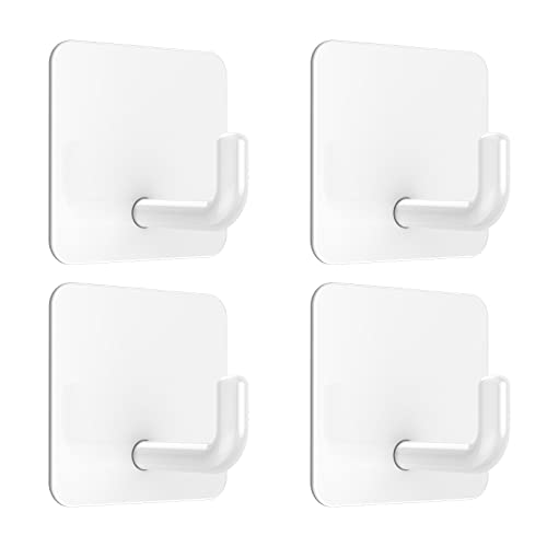 VIS'V Adhesive Hooks, White Self Adhesive Shower Wall Hooks Waterproof Stick on Hooks Stainless Steel Heavy Duty Kitchen Bathroom Sticky Hooks for Towel Loofah Key Cup Hat Coat - 4 Pcs