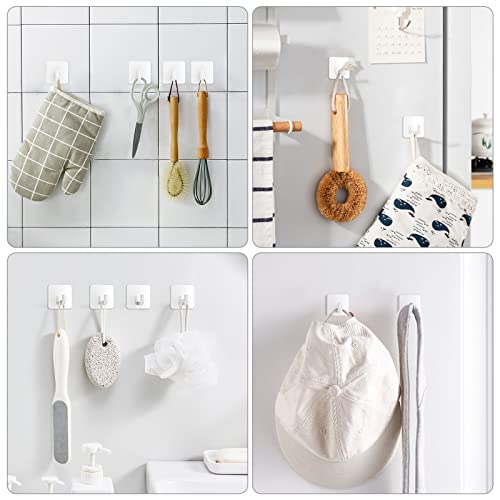 VIS'V Adhesive Hooks, White Self Adhesive Shower Wall Hooks Waterproof Stick on Hooks Stainless Steel Heavy Duty Kitchen Bathroom Sticky Hooks for Towel Loofah Key Cup Hat Coat - 4 Pcs