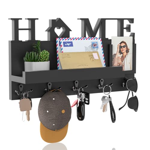 Warmodern Key Holder for Wall, Black Mail Organizer Wall Mount with 5 Double Key Hooks and 1 Locating Plate House Decor for Hallway, Room(15.74" x8.27 x3.74)