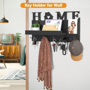 Warmodern Key Holder for Wall, Black Mail Organizer Wall Mount with 5 Double Key Hooks and 1 Locating Plate House Decor for Hallway, Room(15.74" x8.27 x3.74)