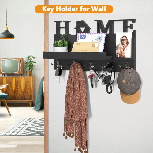 Warmodern Key Holder for Wall, Black Mail Organizer Wall Mount with 5 Double Key Hooks and 1 Locating Plate House Decor for Hallway, Room(15.74" x8.27 x3.74)