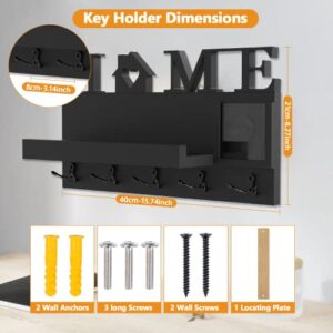 Warmodern Key Holder for Wall, Black Mail Organizer Wall Mount with 5 Double Key Hooks and 1 Locating Plate House Decor for Hallway, Room(15.74" x8.27 x3.74)