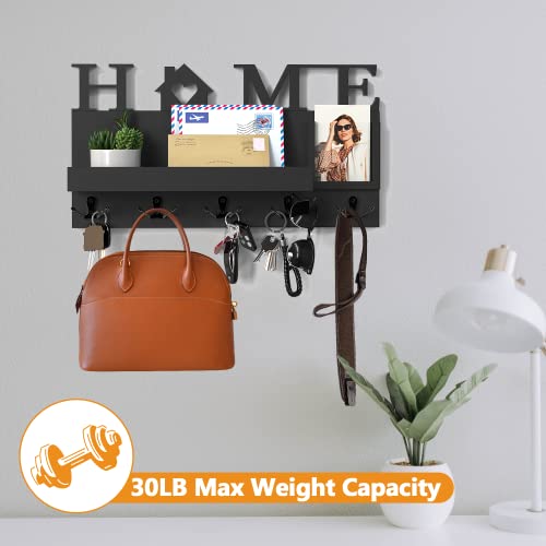 Warmodern Key Holder for Wall, Black Mail Organizer Wall Mount with 5 Double Key Hooks and 1 Locating Plate House Decor for Hallway, Room(15.74" x8.27 x3.74)