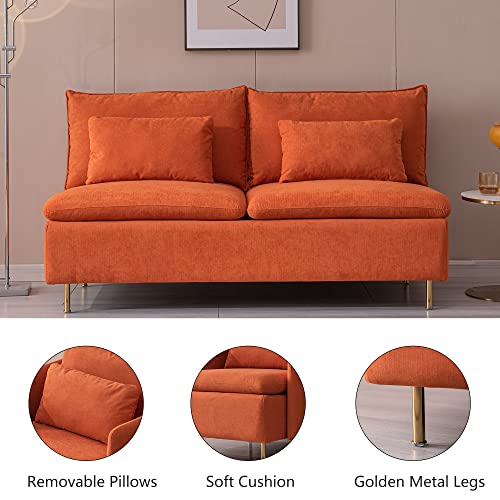 Tmosi 59'' Linen Upholstered Loveseat Sofa Couch,2 Seater Sofa with 2 Throw Pillows,Armless Settee Bench with Golden Metal Legs for Living Room,Bedroom,Office,Apartment (Orange, Armless Loveseat)