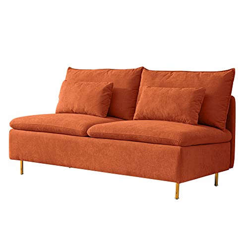 Tmosi 59'' Linen Upholstered Loveseat Sofa Couch,2 Seater Sofa with 2 Throw Pillows,Armless Settee Bench with Golden Metal Legs for Living Room,Bedroom,Office,Apartment (Orange, Armless Loveseat)