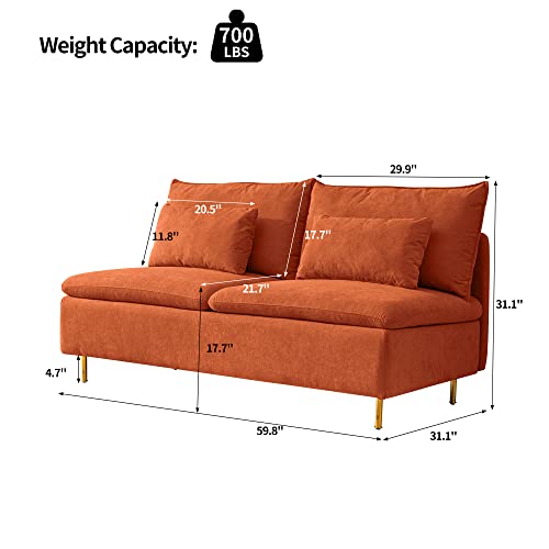 Tmosi 59'' Linen Upholstered Loveseat Sofa Couch,2 Seater Sofa with 2 Throw Pillows,Armless Settee Bench with Golden Metal Legs for Living Room,Bedroom,Office,Apartment (Orange, Armless Loveseat)