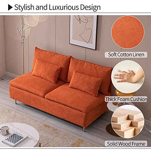 Tmosi 59'' Linen Upholstered Loveseat Sofa Couch,2 Seater Sofa with 2 Throw Pillows,Armless Settee Bench with Golden Metal Legs for Living Room,Bedroom,Office,Apartment (Orange, Armless Loveseat)