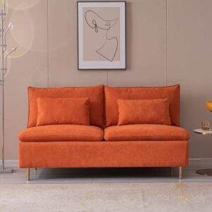 Tmosi 59'' Linen Upholstered Loveseat Sofa Couch,2 Seater Sofa with 2 Throw Pillows,Armless Settee Bench with Golden Metal Legs for Living Room,Bedroom,Office,Apartment (Orange, Armless Loveseat)