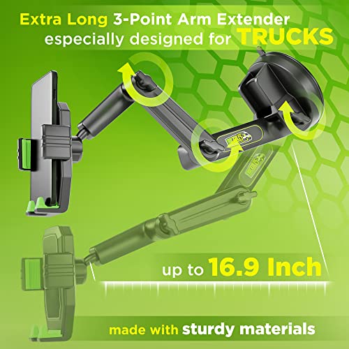 Truckules Truck Phone Holder Mount Heavy Duty Cell Phone Holder for Truck Dashboard Windshield 16.9 inch Long Arm, Super Suction Cup & Stable, Compatible with iPhone & Samsung, Green, Commercial Truck