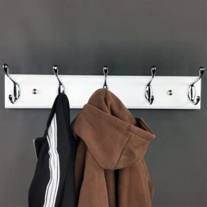 mapeoes 17.5’’ White Coat Rack Wall Mount with 5 Hooks, Wood and Silver Chrome Hooks, Modern Heavy Duty Robe Towel Clothing Hat Hanger for Bathroom Entryway Farmhouse Mudroom Hallway