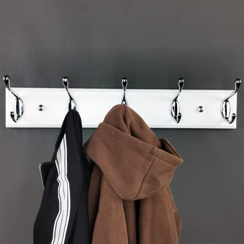 mapeoes 17.5’’ White Coat Rack Wall Mount with 5 Hooks, Wood and Silver Chrome Hooks, Modern Heavy Duty Robe Towel Clothing Hat Hanger for Bathroom Entryway Farmhouse Mudroom Hallway