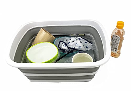 SAMMART 10L (2.6 Gallon) Collapsible Tub-Foldable Dish Tub-Portable Washing Basin-Space Saving Plastic Washtub (White/Grey (Set of 2))