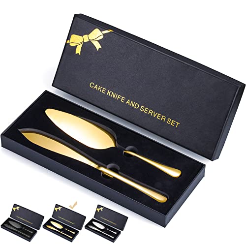 Gold Cake Cutting Set with Luxury Gift Box，Stainless Steel Gold Cake Pie Pastry Servers, Gold Cake Serving Set, Elegant Cake Knife and Server Set Perfect For Wedding, Birthday, Parties and Events.