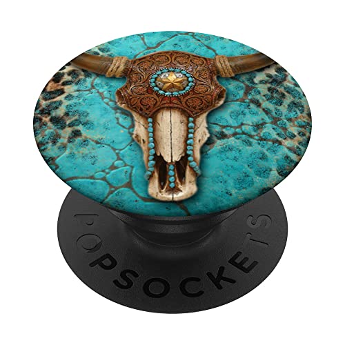 Western Country Bull Skull Turquoise Pattern Cowhide PopSockets Swappable PopGrip