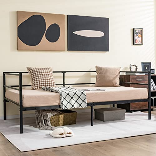 Giantex Metal Twin Daybed Frame, Day Bed with Metal Slat Support & 3-Sided Guardrails, 2-in-1 Space-Saving Sofa Bed for Living Room Guest Room, No Box Spring Needed, Black