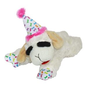 multipet lamb chop dog toy with birthday hat, pink, 10.5"