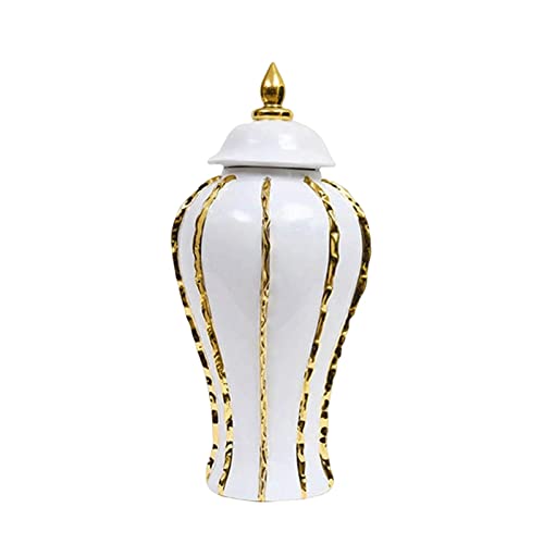 Gralara Luxury Ginger Jar, Temple Jar, Ginger Jar Vase, White and Gold Ceramic Jar with Lid, Porcelain Ceramic Vase, for Home Decor, 14.17'' H