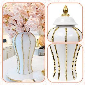 Gralara Luxury Ginger Jar, Temple Jar, Ginger Jar Vase, White and Gold Ceramic Jar with Lid, Porcelain Ceramic Vase, for Home Decor, 14.17'' H