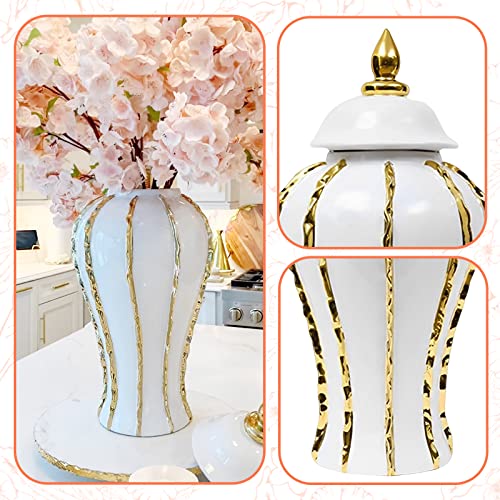 Gralara Luxury Ginger Jar, Temple Jar, Ginger Jar Vase, White and Gold Ceramic Jar with Lid, Porcelain Ceramic Vase, for Home Decor, 14.17'' H