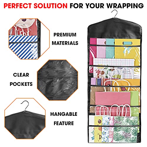 Primode Gift Bag and Tissue Paper Storage, Hanging Organizer with Multiple Front and Back Pockets Double Sided, Organize Gift Wrap and Paper Bags 38 x 16 Inch (Full Black)