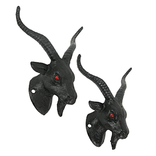 Set of 2 Black Cast Iron Baphomet Wall Hooks: Decorative Coat and Towel Rack, Each 6 Inches High, Easy Installation, Perfect for Spooky Gothic Home Decor